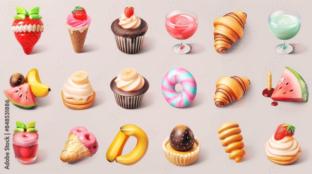 3d realistic vector objects sweet icons set. Food and beverages, fruits ...