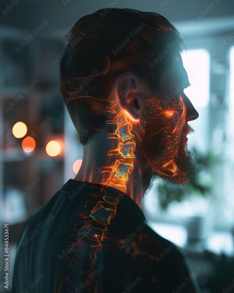 Profile and backside view on standing man. X-ray of upper part of man ...