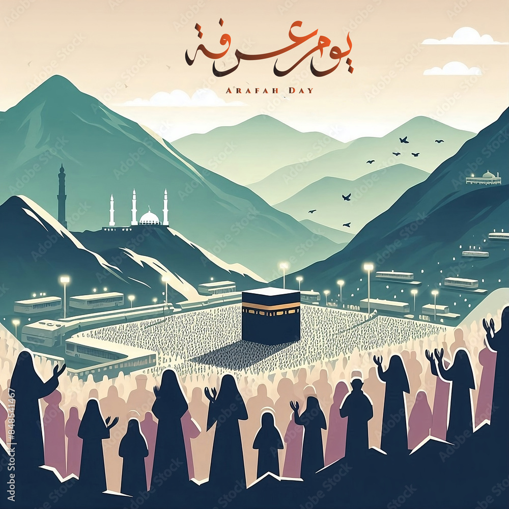 Arafah day banner flat illustration with Arabic Calligraphy text , Hajj ...