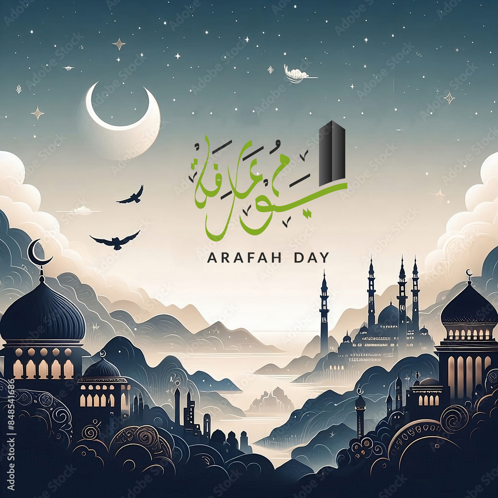 Arafah day banner flat illustration with Arabic Calligraphy text , Hajj ...