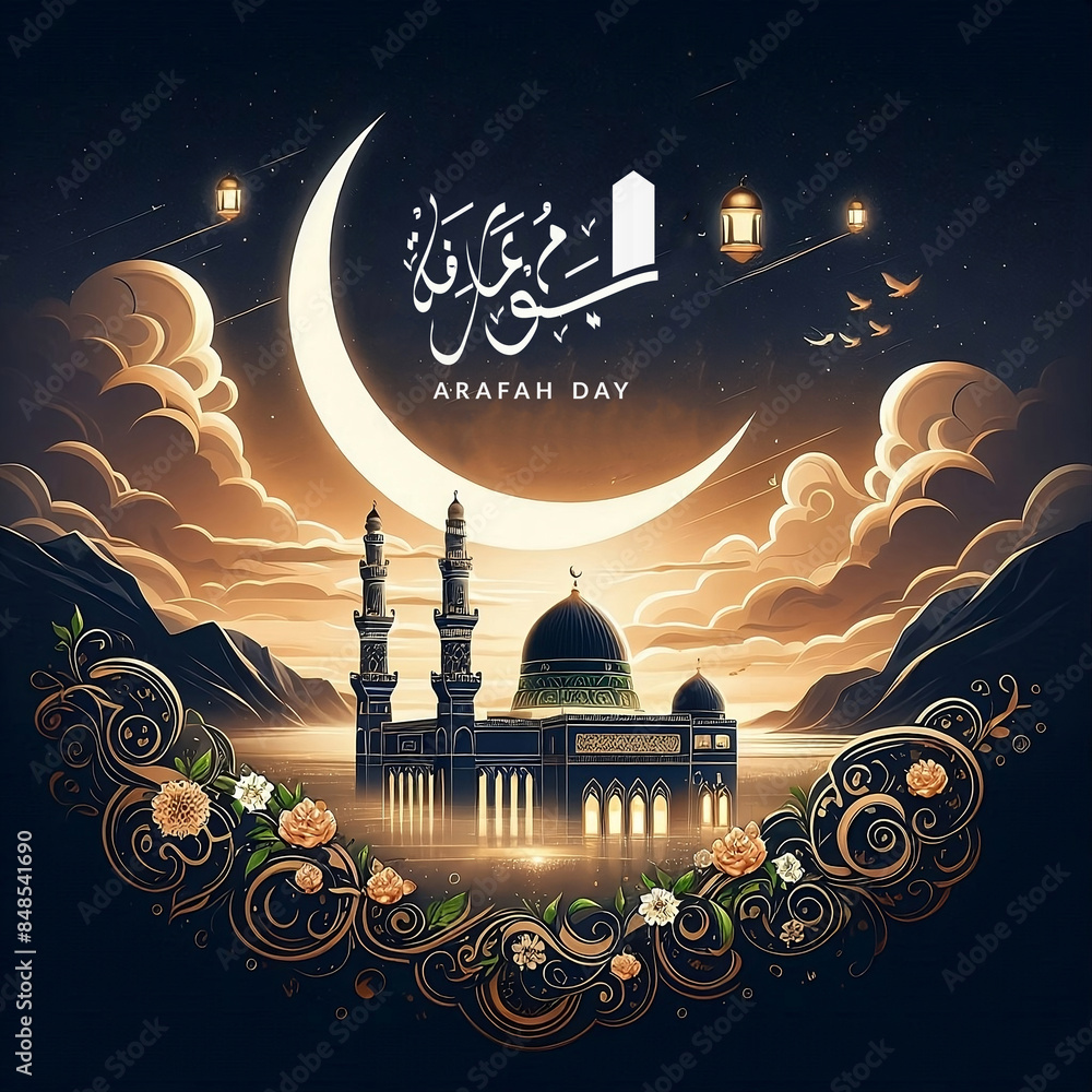 Arafah day banner flat illustration with Arabic Calligraphy text , Hajj ...