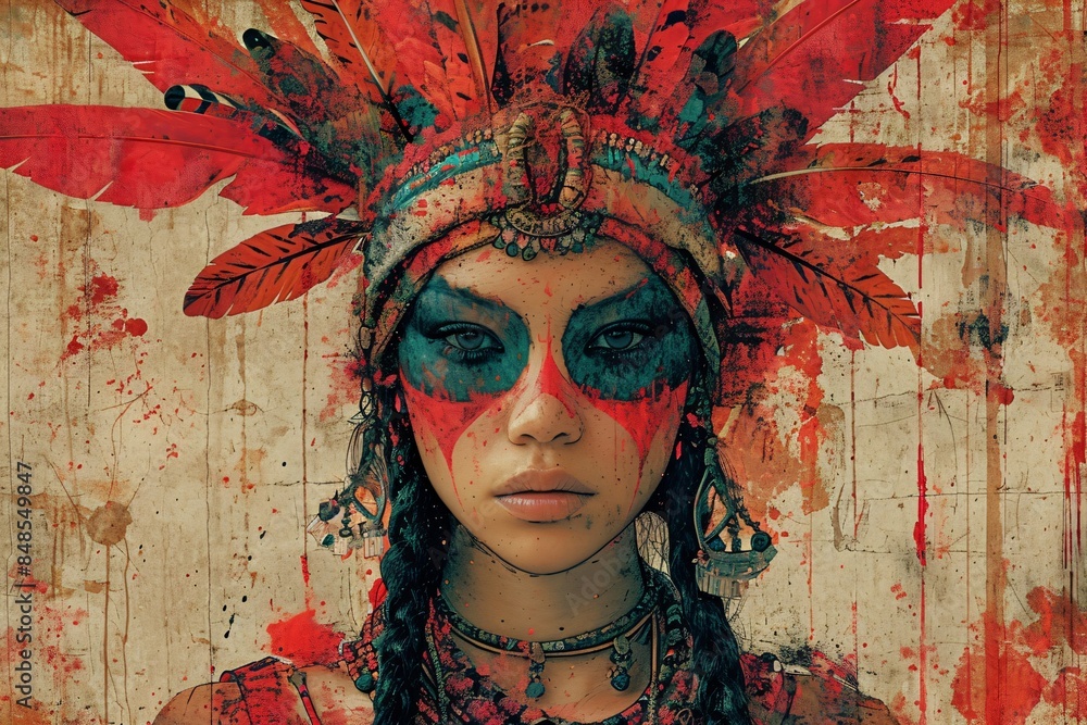 American Indian girl wearing traditional costume and jewelry. Red ...