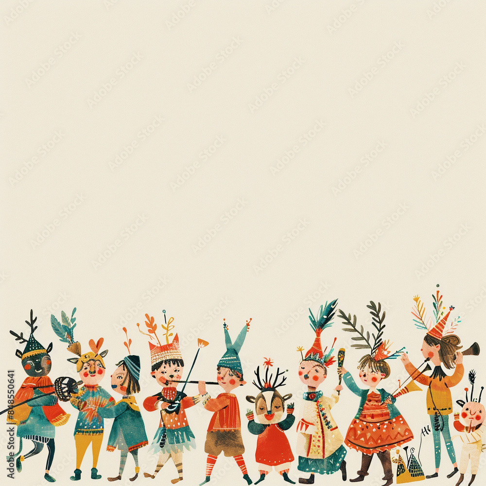 kids poster of traditional slavic carnival, people dancing in animal ...