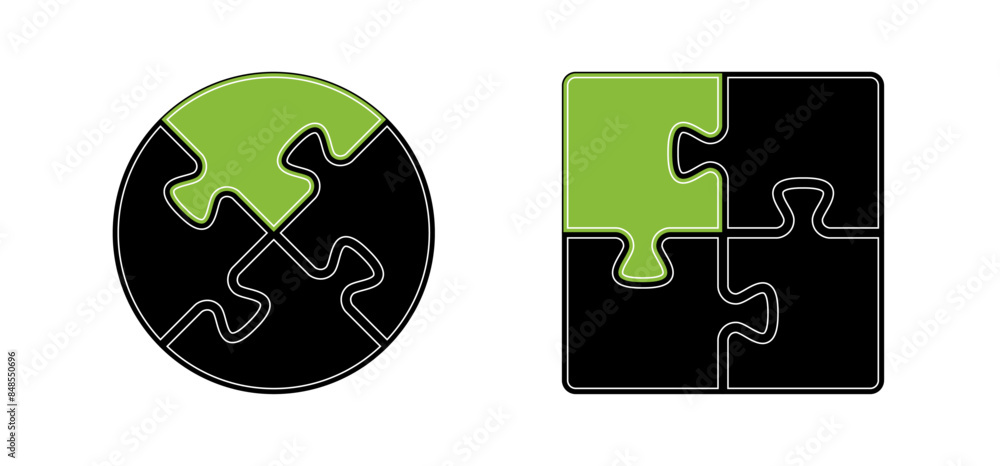 Round, rectangle shape puzzle pieces vector. Black green 3d puzzle set ...