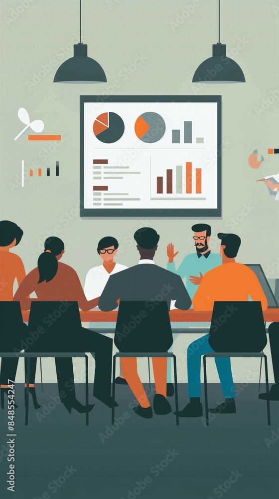 Flat vector illustration of a corporate presentation with graphs and ...