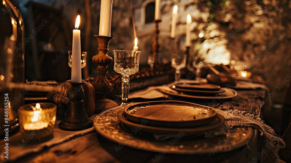 Close-up of a medieval banquet table with wooden plates, goblets, and ...