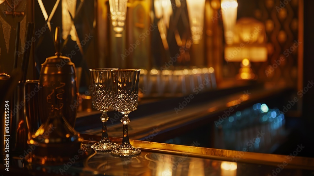 Close-up of a 1920s speakeasy bar counter with classic cocktails ...