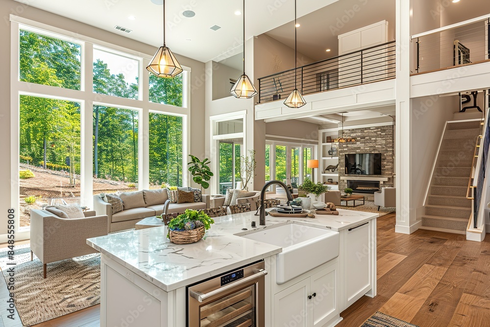Kitchen and living room interior in new luxury home with open concept ...