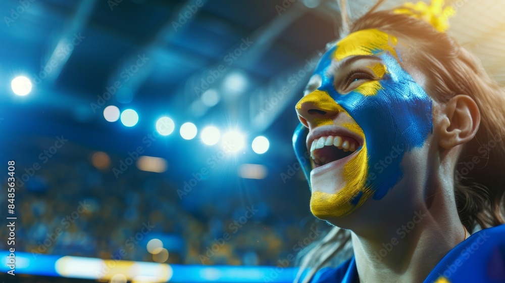 Happy Swedish woman, her face painted in the blue and yellow of the ...