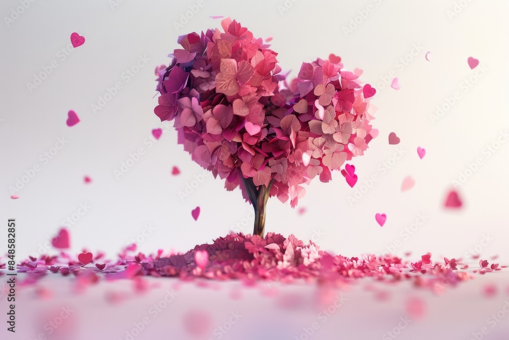 3D heart tree made of pink leaves on a white background, viewed at a 2/ ...