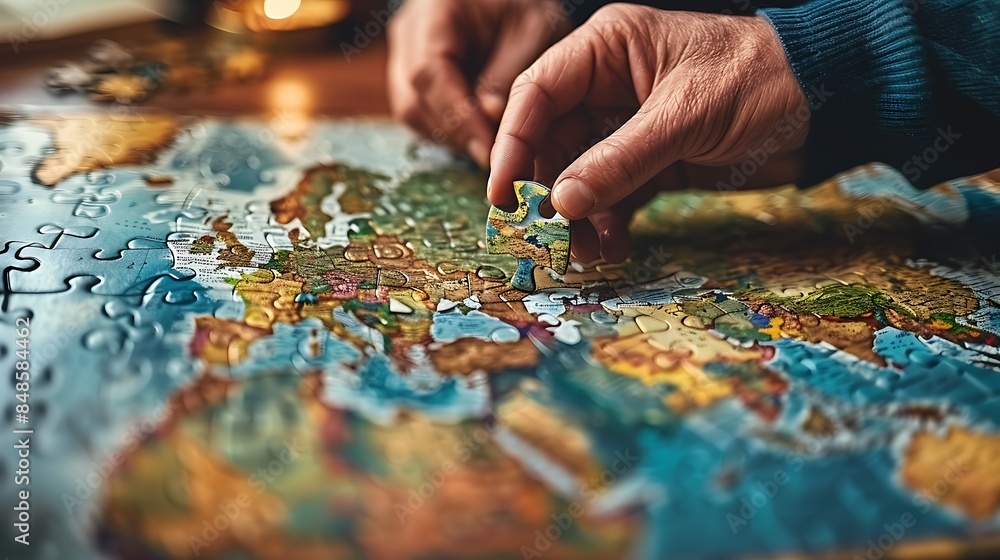 Cookie world map on table with hands placing continent-shaped cookies ...