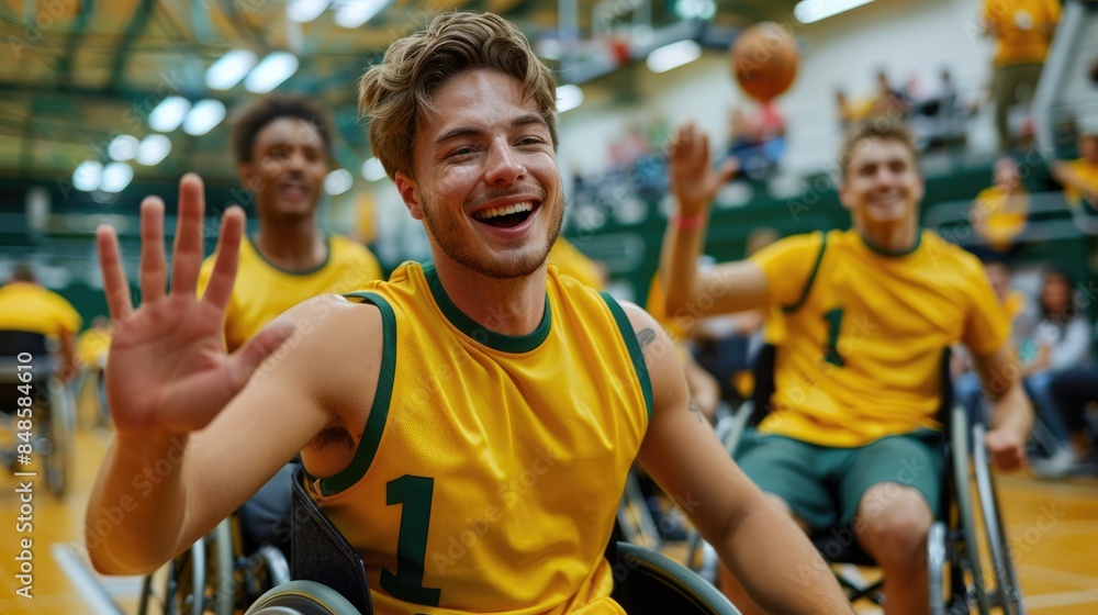 paralympic male wheelchair athlete celebrating victory at the ...