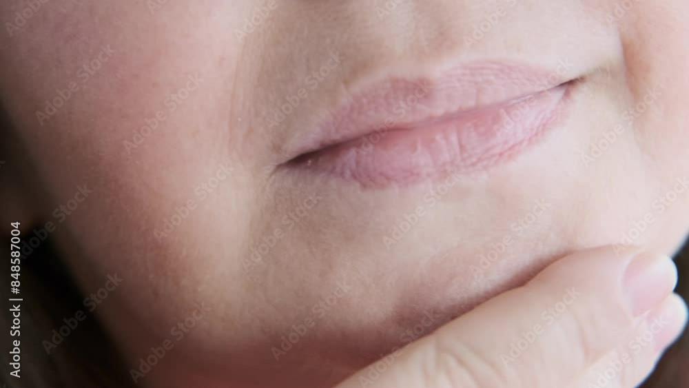 close-up Double chin face mature woman 50 years old, human fat neck ...