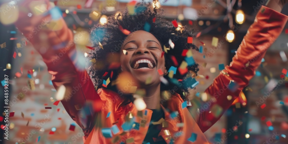 Happy black woman dancing under confetti at office Christmas party ...