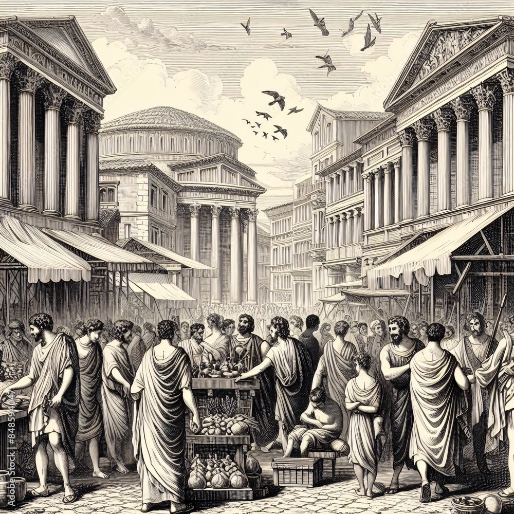 an illustration depicting the lively atmosphere of an ancient Roman ...