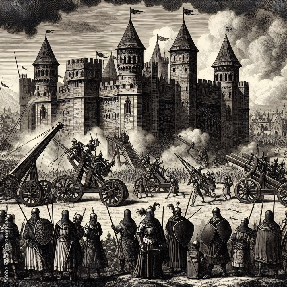 Illustrate of an old engraving of a medieval castle under siege ...