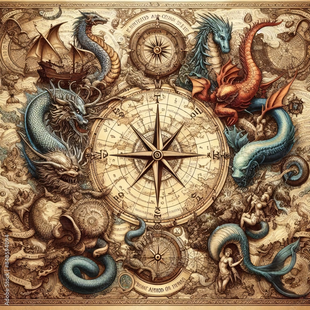 Illustrate of an antique map, complete with mythical sea creatures ...