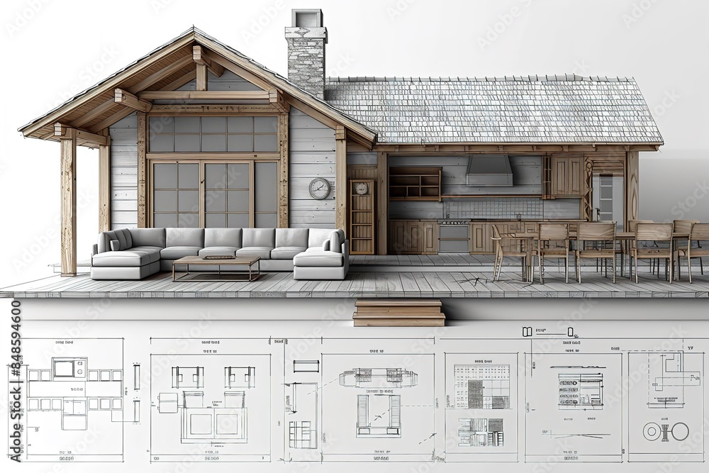 A detailed model of a modern farmhouse with exposed wooden beams, a ...