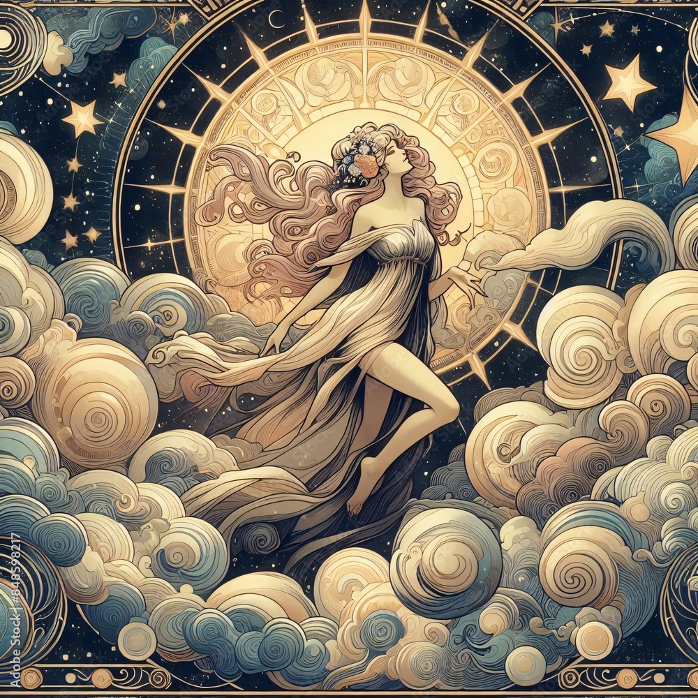 Art Nouveau illustration of a celestial goddess amidst swirling clouds and stars, with a ...