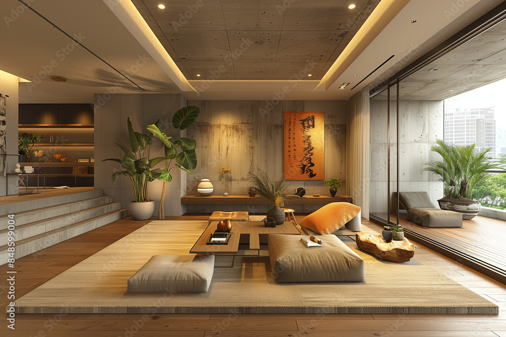 Modern Tokyo apartment interior with concrete textures and minimalist ...