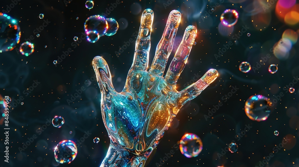 High-resolution 3D rendering of a holographic hand made of liquid glass ...