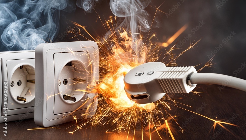 electrical fire hazard sparking outlet explosion with smoke and debris ...