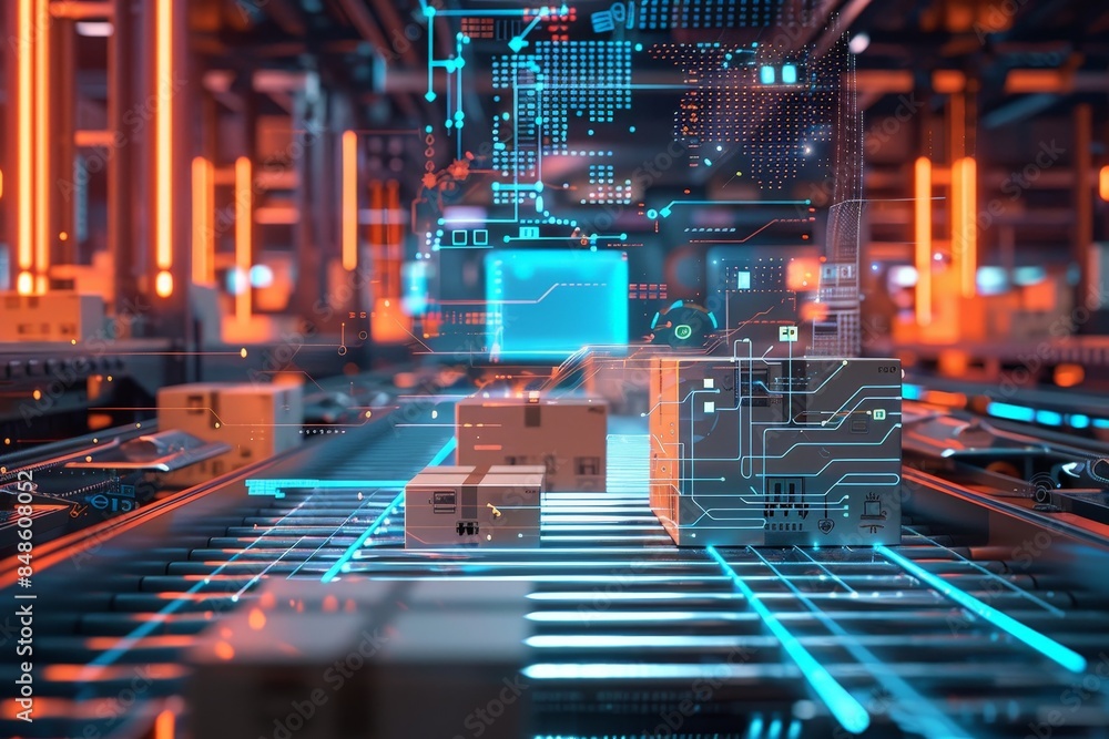 Automated warehouse system with a glowing data display. The system ...