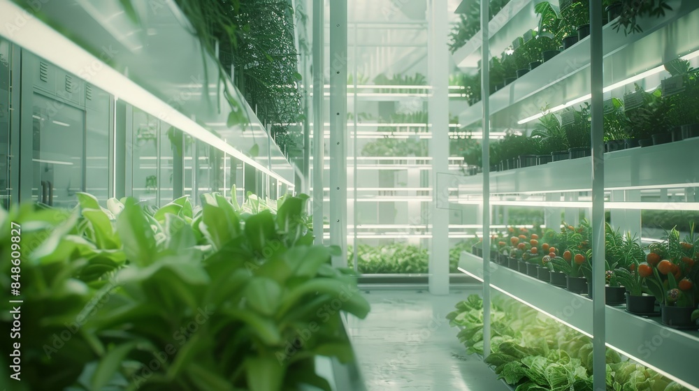 Industrial vertical farm with plants growing in white rectangular ...