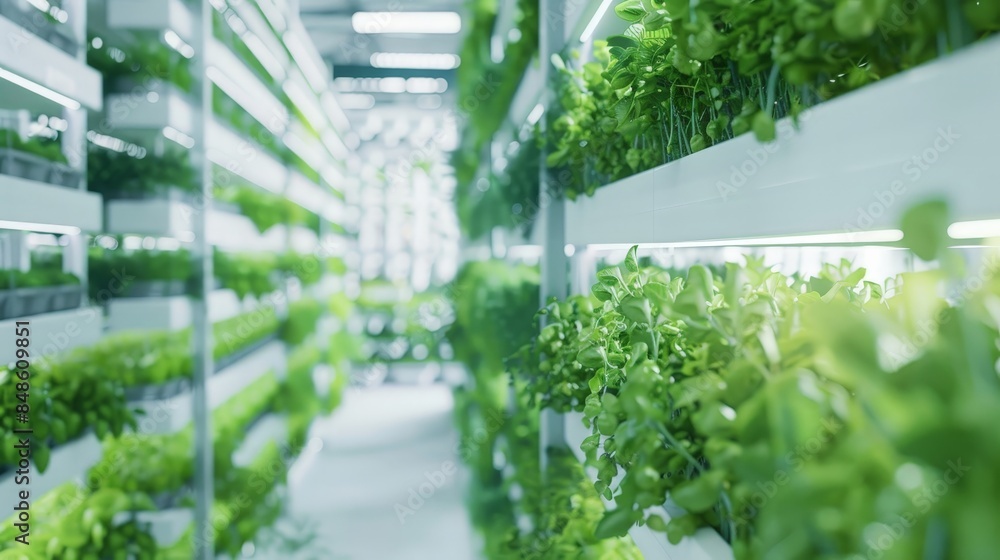 Industrial vertical farm with plants growing in white rectangular ...