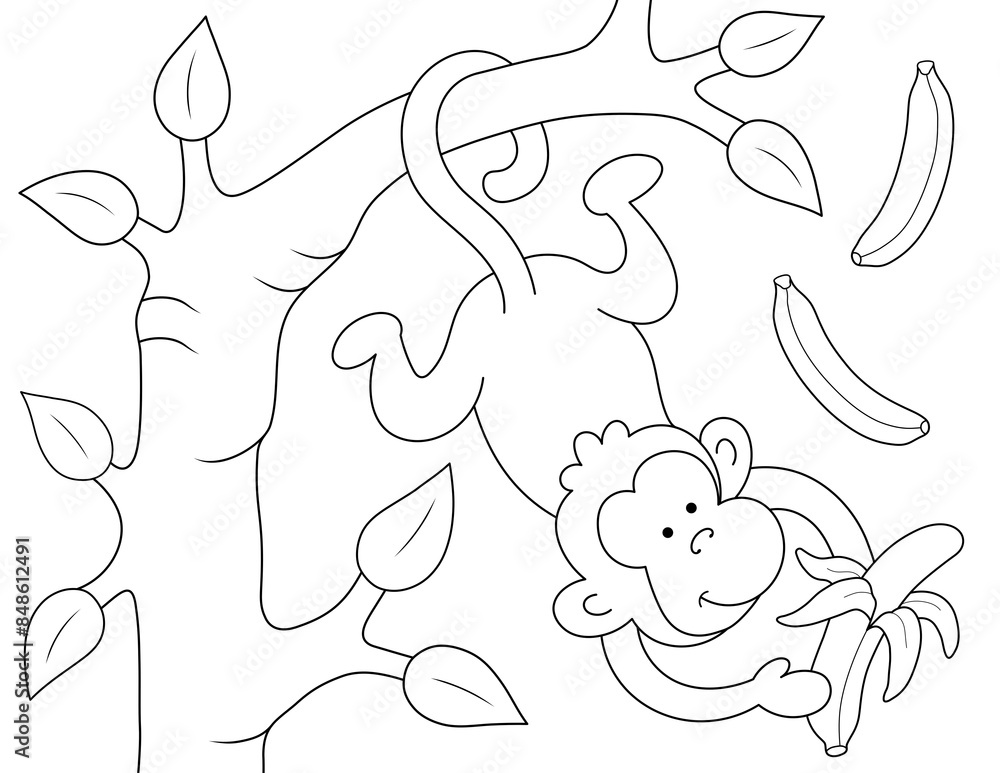 monkey with banana hanging on a tree, easy coloring page for kids or ...