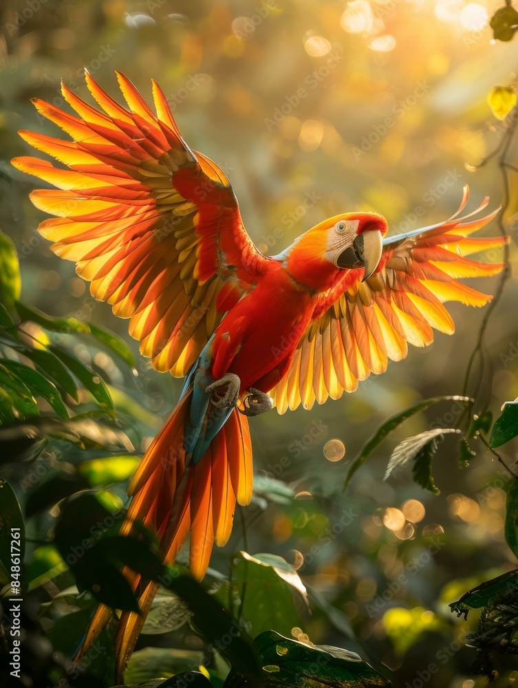 A brightly colored parrot spreads its wings while flying through the ...