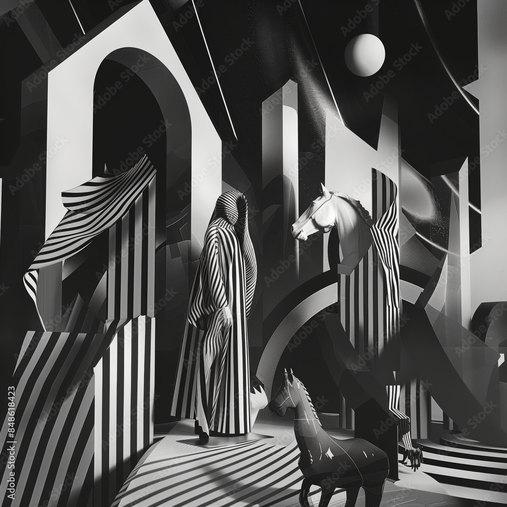 Surreal black and white image of vaguely human shapes draped with black ...