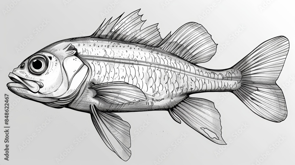 Detailed pencil sketch of a fish with fins and scales. The fish is ...