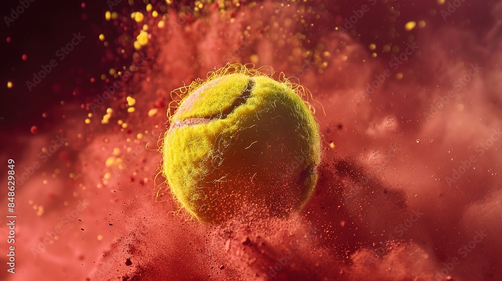 Yellow tennis ball impacting a racket, enveloped in a burst of powder ...