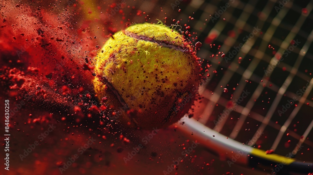 Yellow tennis ball impacting a racket, enveloped in a burst of powder ...