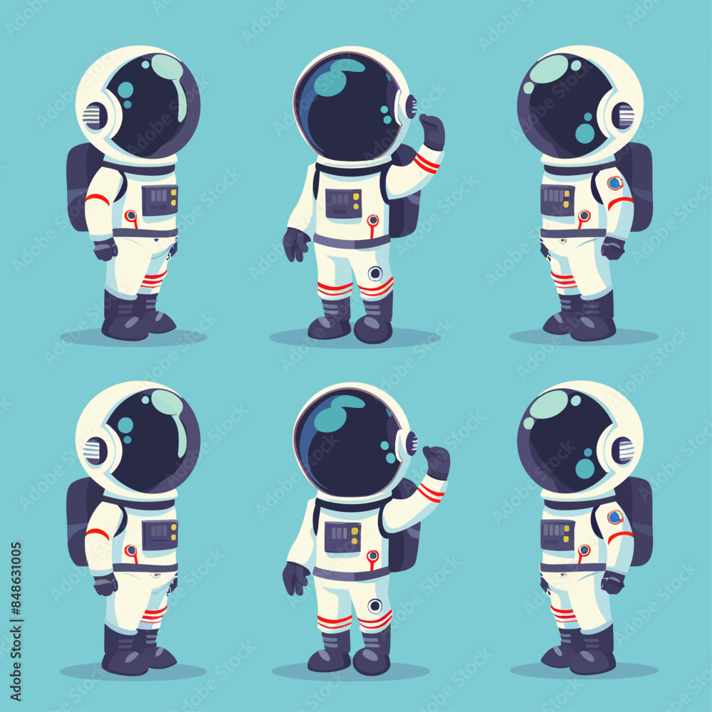 Cute little spaceman in suit and helmet in different poses. Vector ...