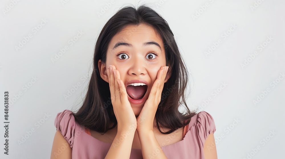 Wow Happy beautiful young asian woman excited pretty girl shout out ...