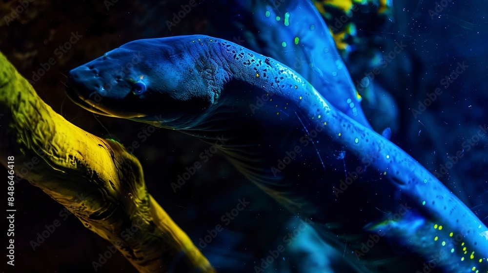 Electric eel in full motion, close-up, glowing textures of blues and ...