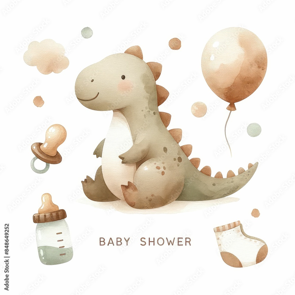 dinosaur and baby shower element. earth tone color, watercolor ...