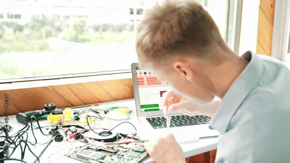 Caucasian student looking at laptop screen while coding engineering prompt or programming system ...