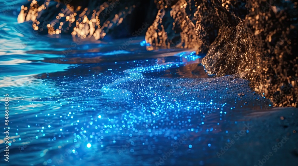 some blue light coming from a beach, in the style of glittery and shiny ...