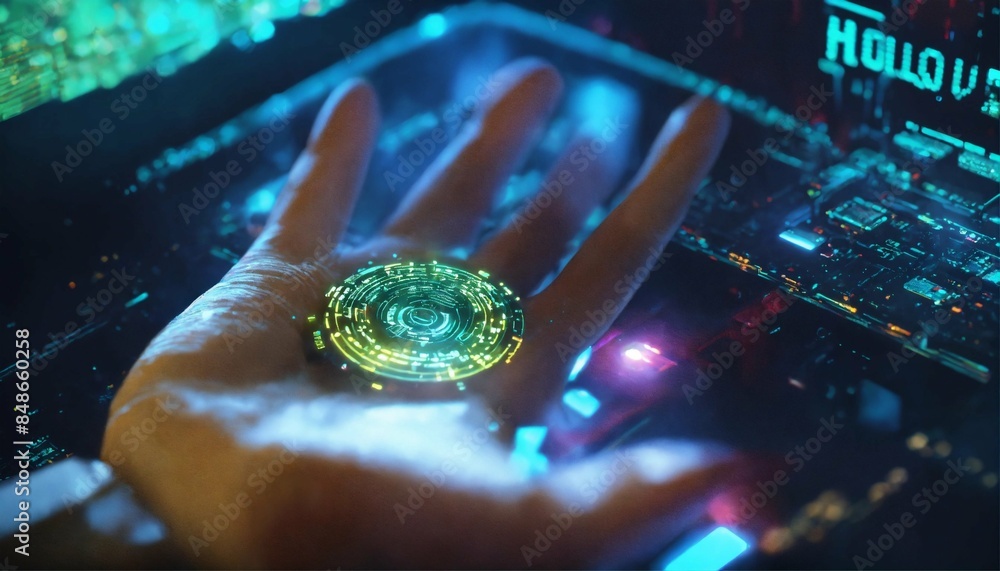 digital hologram code shines from the hand, cyberpunk style, detailed ...