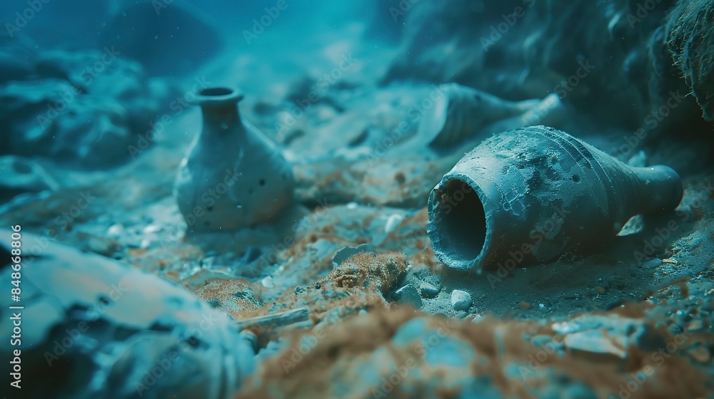 Close-up of ancient amphorae half-buried in the seabed, remnants of a ...