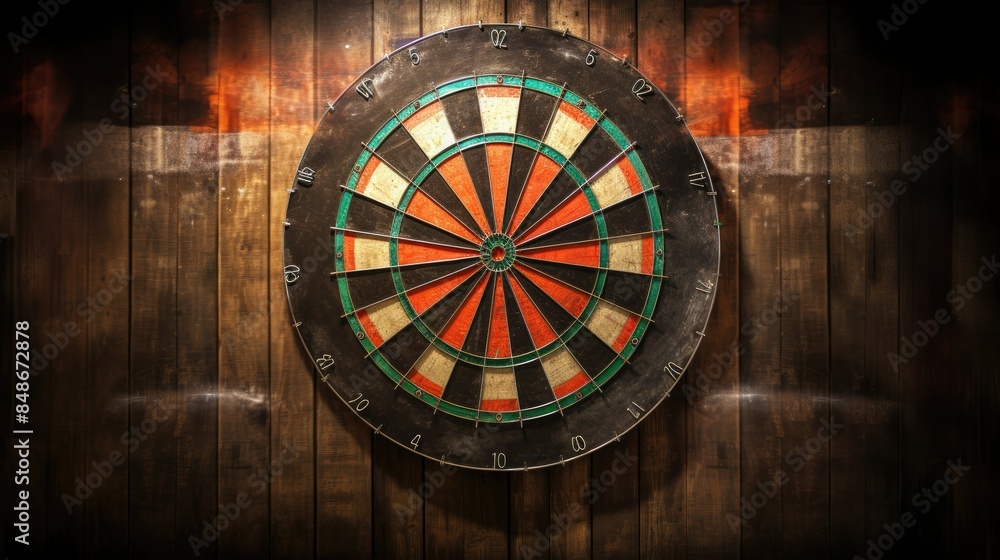 Photograph of a dartboard with a dart piercing the center, rendered in ...