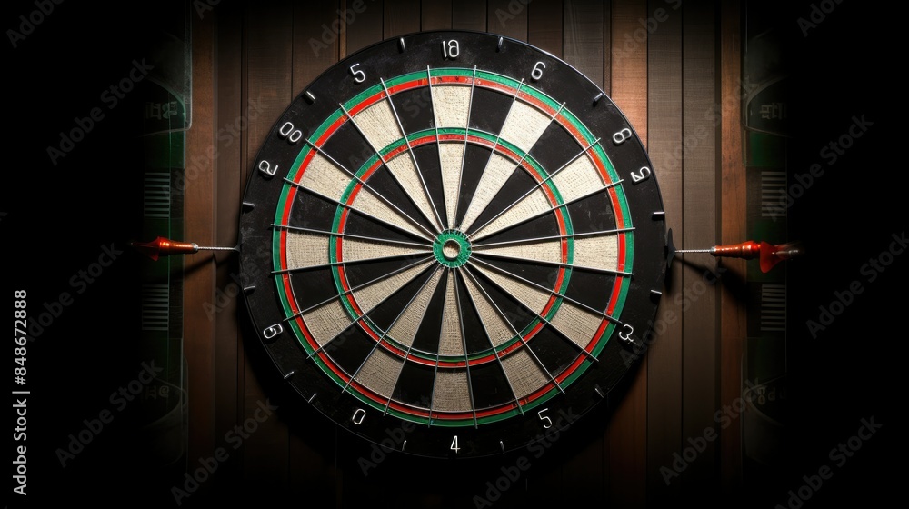 Photograph of a dartboard with a dart piercing the center, rendered in ...