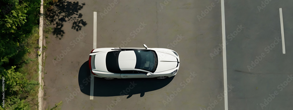 Top down view of A white car driving on a marked road with a green ...