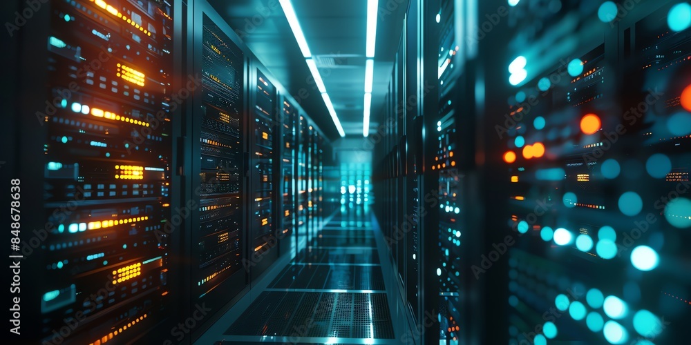 rows of servers in a large data center, in detailed data center ...