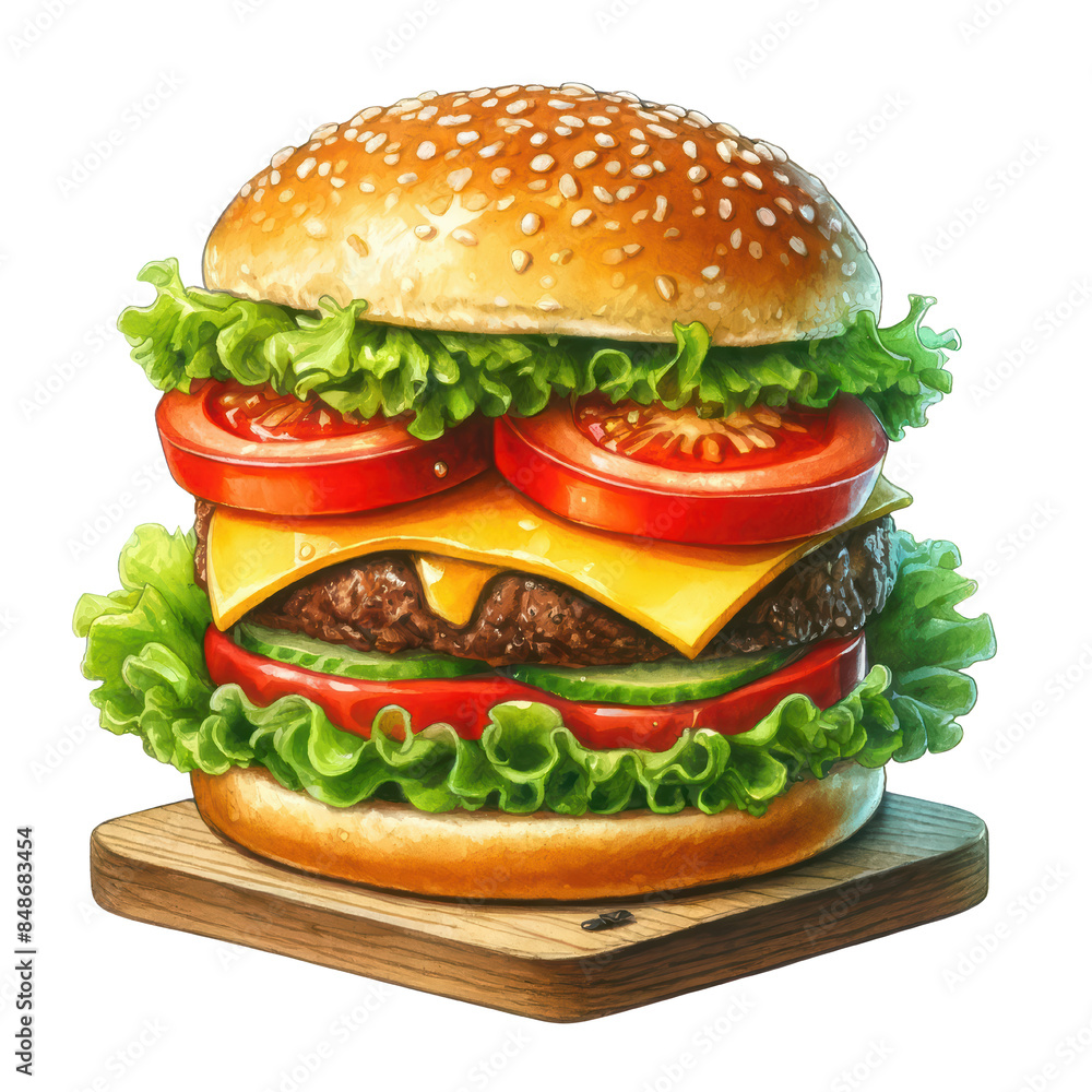 Watercolor illustration clipart of a delicious hamburger with lettuce ...
