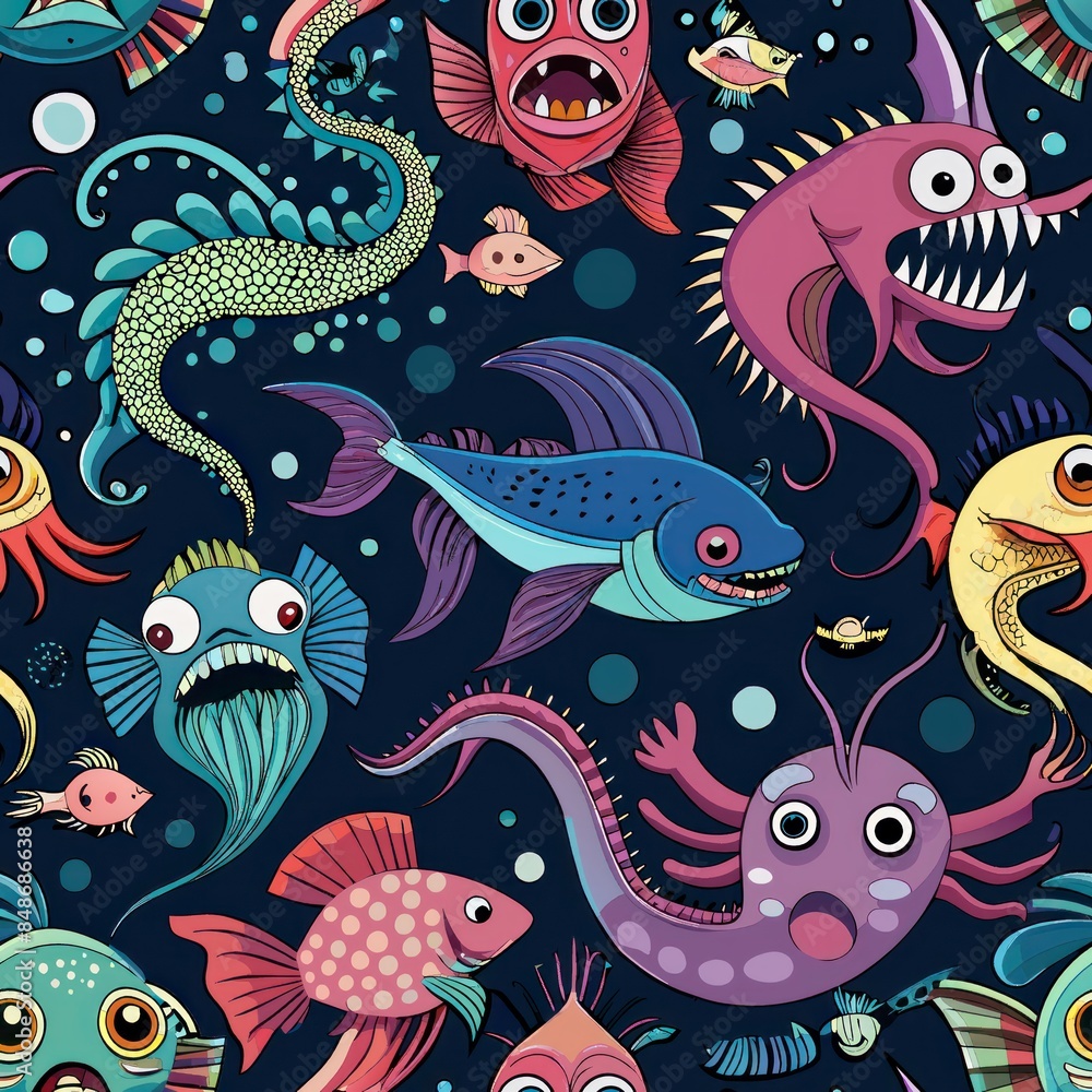 Seamless pattern of mysterious and elusive deep-sea creatures like ...
