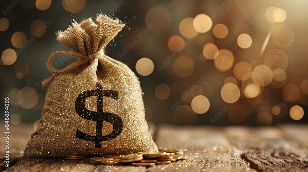 Burlap bag of money with a large dollar sign, rustic wooden table ...